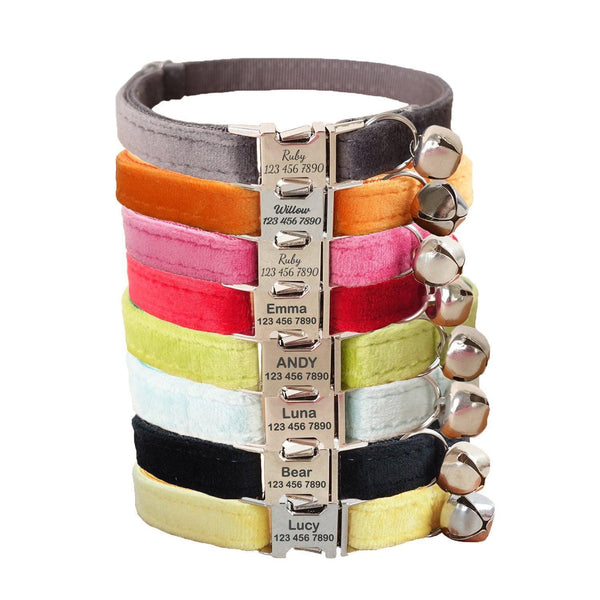 Velvet Adjustable Personalized Cat Collar With Removable Bell & Bowtie ...