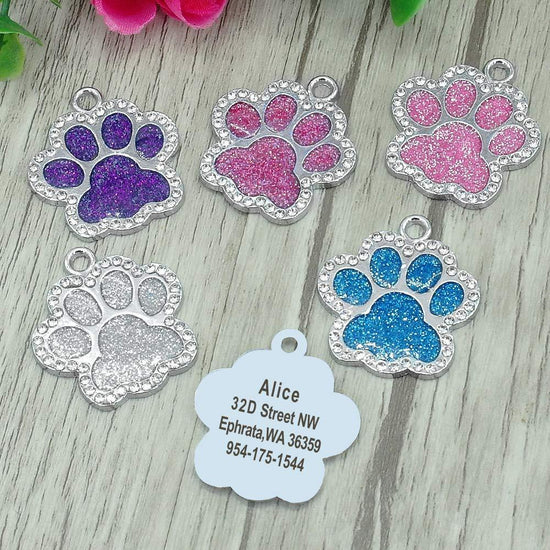Rhinestone Paw Print Custom Pet ID Tags - Stainless Steel Personalized ...