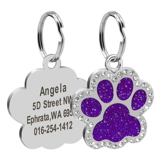 Rhinestone Paw Print Custom Pet ID Tags - Stainless Steel Personalized ...